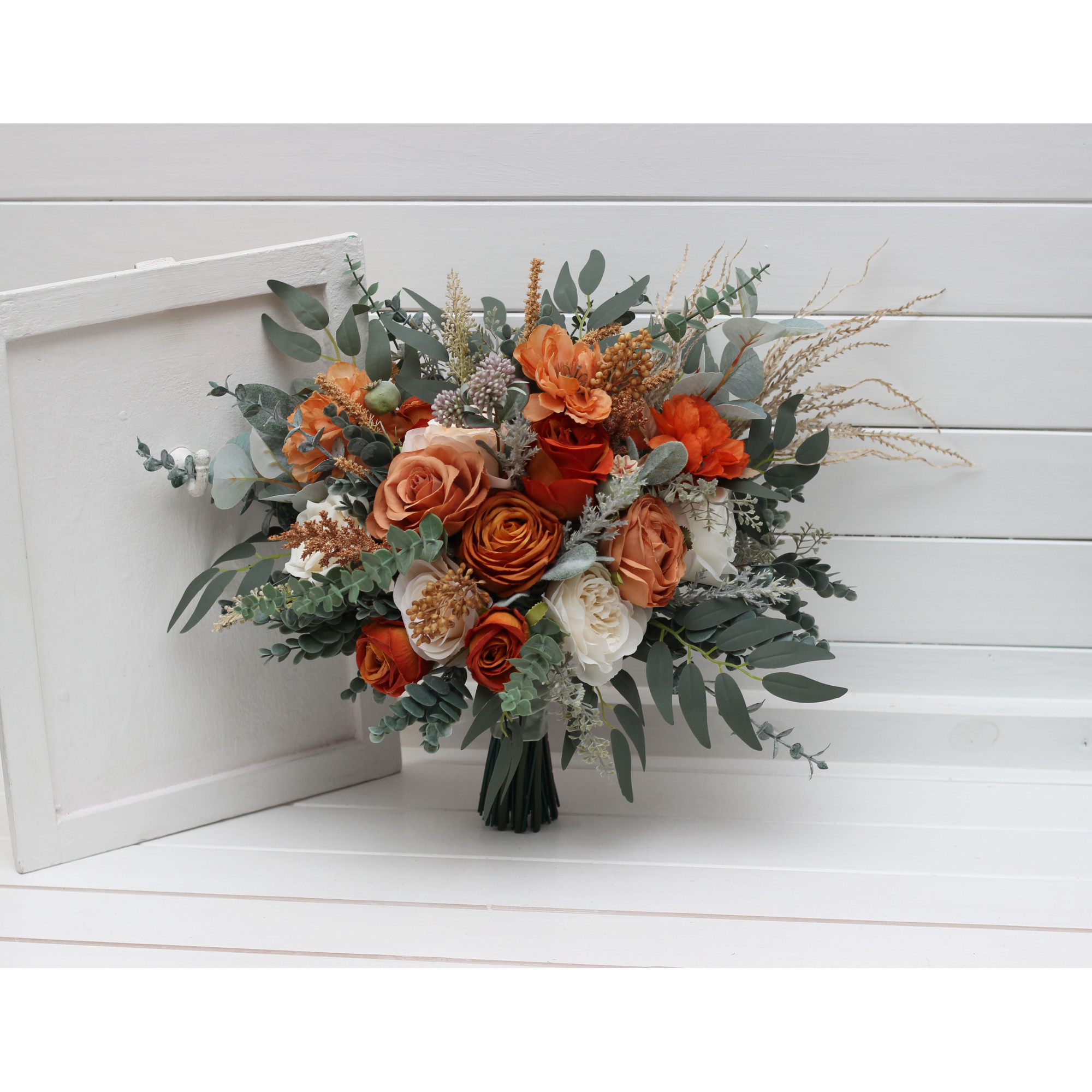 Burnt Orange & Sage Green Bridal Bouquet – Faux Wedding Flowers in ...